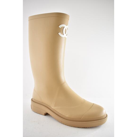 CHANEL | Shoes | Chanel Rev Beige White Wellington Wellies Cc Logo Pull ...
